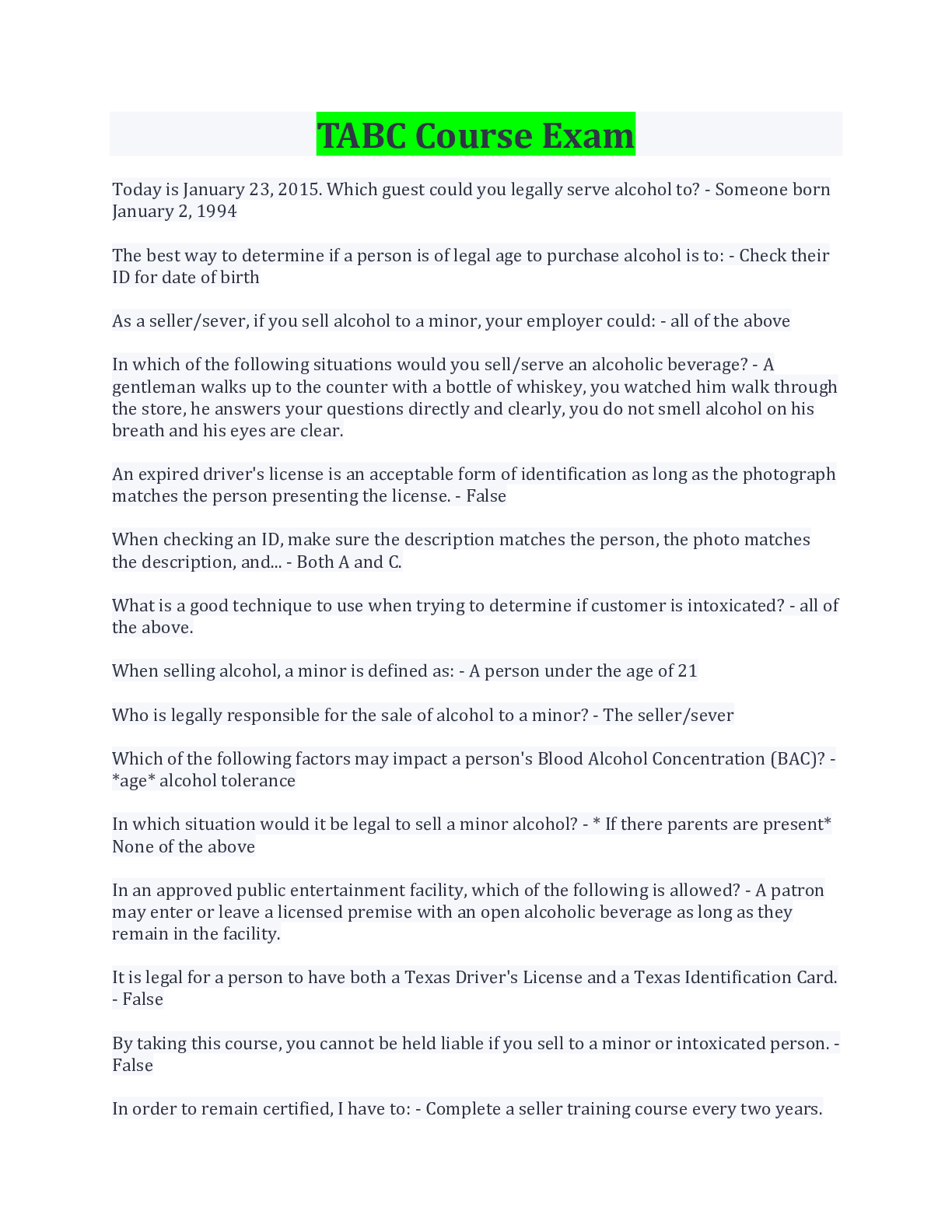 Tabc Course Exam Questions And Answers Scholarfriends